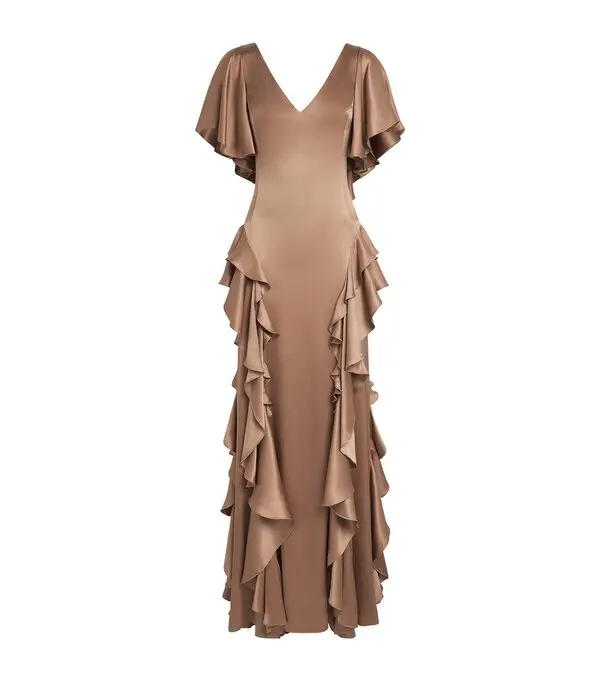 Gabriela Hearst Silk Satin Ruffled Spiral Maxi Dress - Beige