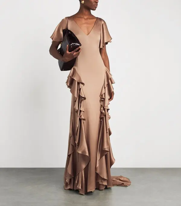 Gabriela Hearst Silk Satin Ruffled Spiral Maxi Dress