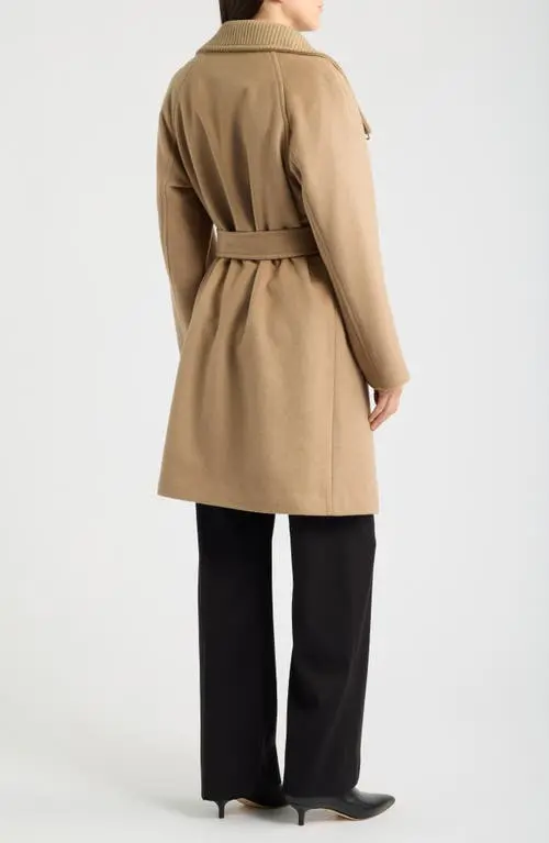 Calvin Klein Wool Blend Wrap Coat With Rib Wing Collar