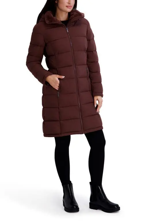 KENNETH COLE Stretch Puffer Jacket W/ Hood - Chocolate
