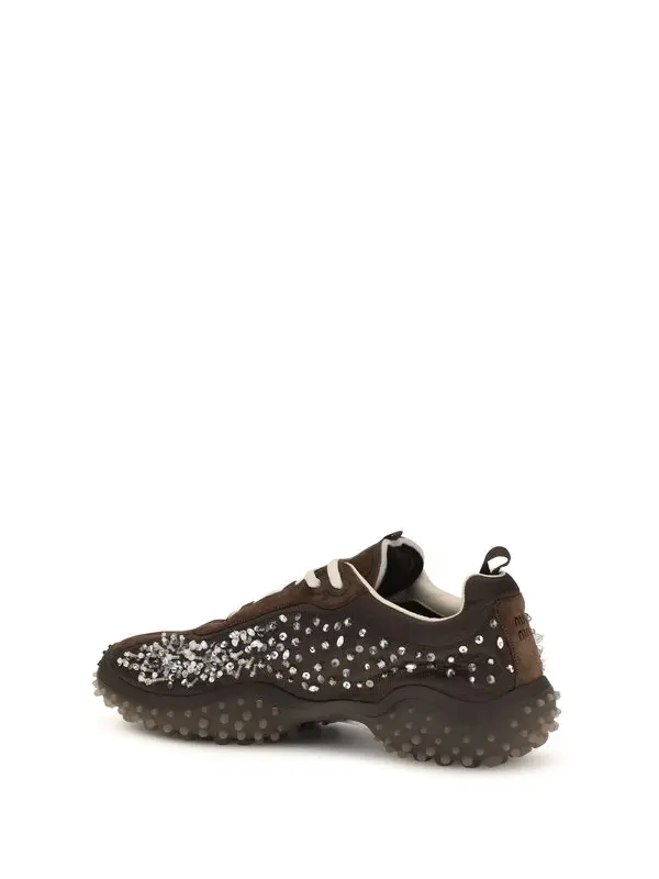 Miu Miu Suede And Technical Fabric Sneakers With Crystals