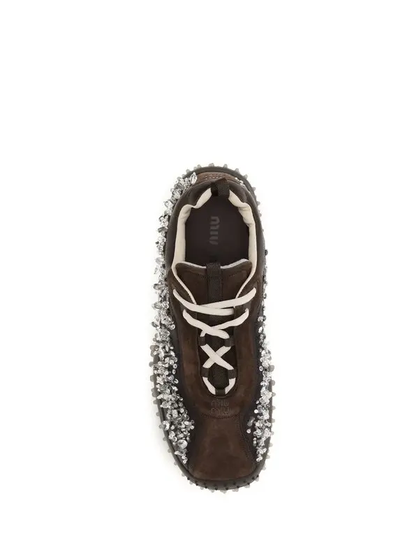 Miu Miu Suede And Technical Fabric Sneakers With Crystals