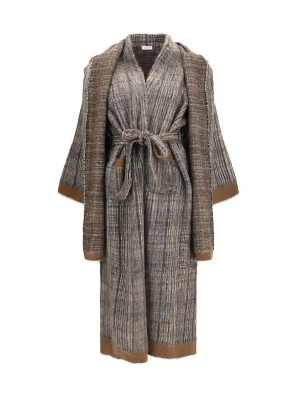 Brunello Cucinelli Prince Of Wales Double-knit Mohair And Wool Coat With Scarf - Brown