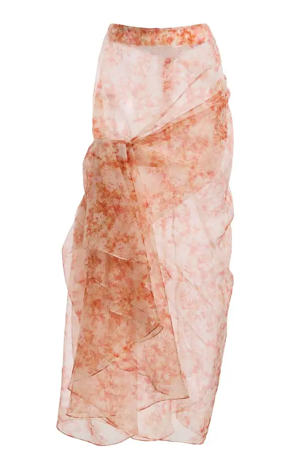 Prabal Gurung Floral Print Silk Organza Hand-draped Sari Skirt - Orange