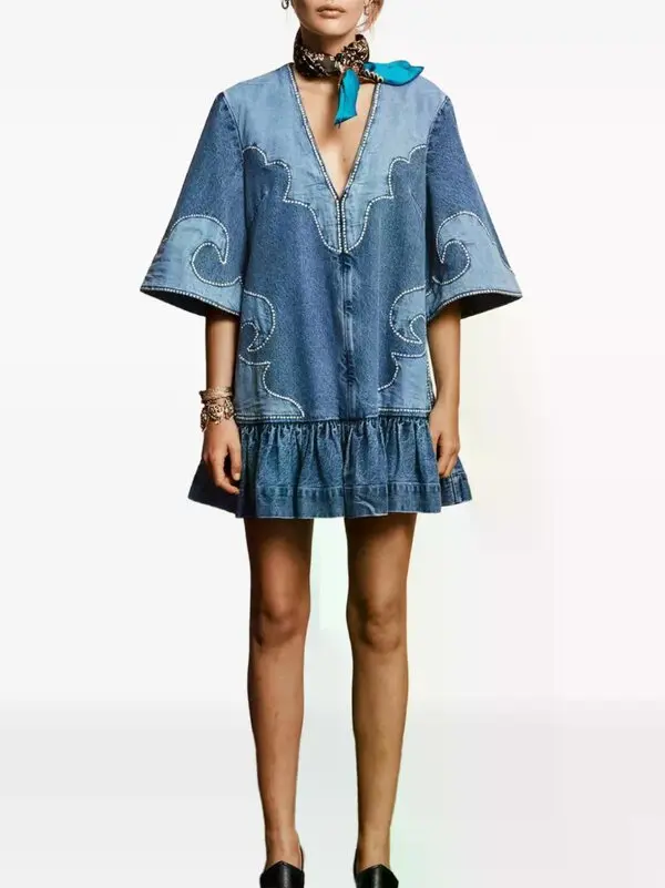 ALEMAIS Jesse Ruffled Patchwork Mini Dress - Blue
