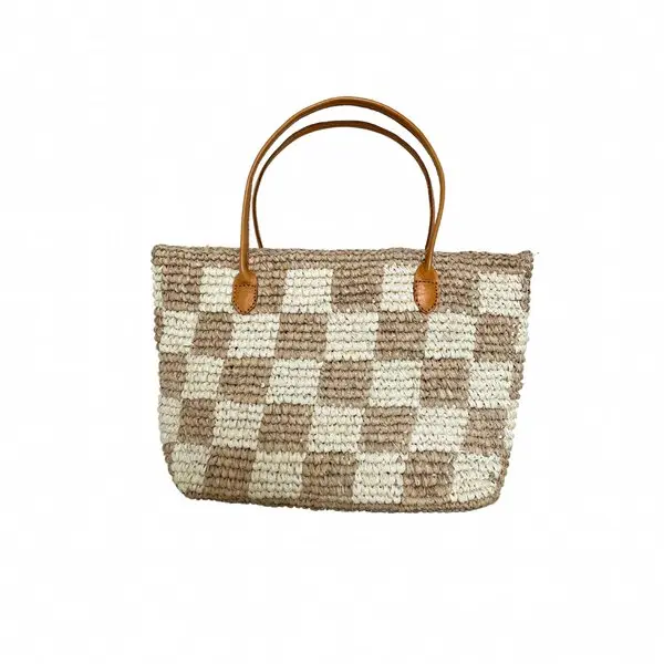 Pink Haley Neutrals Lindsey Checker Raffia Tote - Black