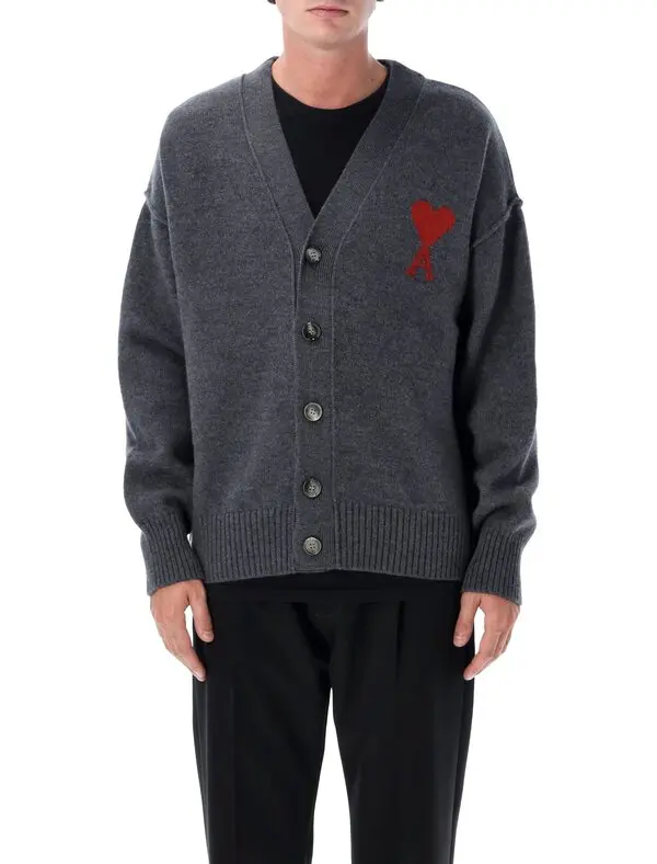 AMI Paris Wool V-neck Button Cardigan With Of Coeur Intarsia - Grigio