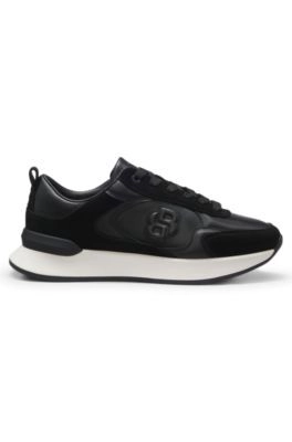 BOSS Leather And Suede Sneakers With Double B Monogram - Black