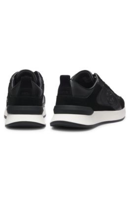 BOSS Leather And Suede Sneakers With Double B Monogram - Black
