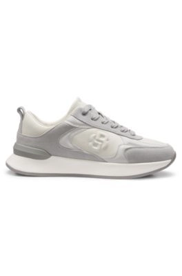 BOSS Leather And Suede Sneakers With Double B Monogram - Light Grey
