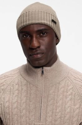 BOSS Rib-knit Virgin-wool Beanie With Logo Plaque