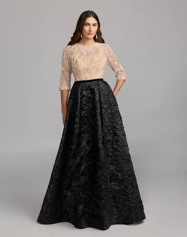 Mac Duggal Beige And Black Embellished Brocade Gown With 3/4 Sleeves - Beige Black