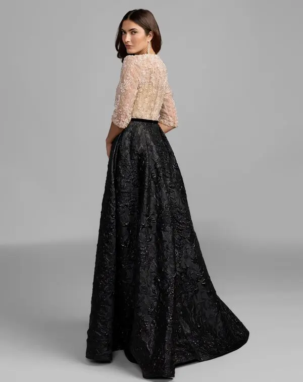 Mac Duggal Beige And Black Embellished Brocade Gown With 3/4 Sleeves