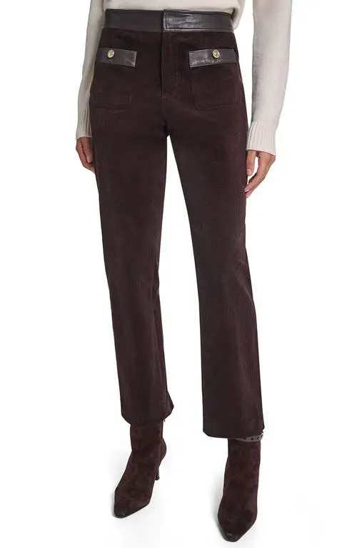 Karl Lagerfeld Paris Faux Leather Trim Corduroy Pants - Chocolate