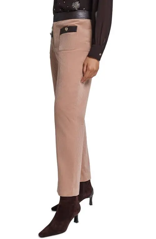 Karl Lagerfeld Paris Faux Leather Trim Corduroy Pants - Clay