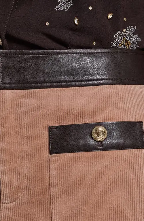 Karl Lagerfeld Paris Faux Leather Trim Corduroy Pants - Clay
