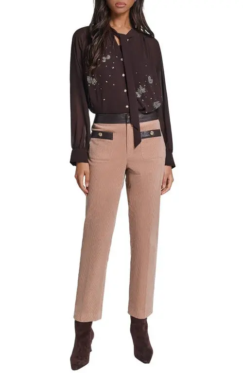 Karl Lagerfeld Paris Faux Leather Trim Corduroy Pants - Clay