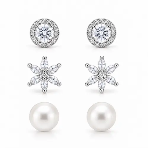 DONATELLO GIAN Set Of 3 Sterling Halo Floral & Pearl Earring - Silver
