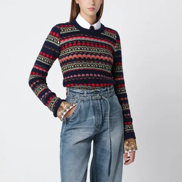Dries Van Noten Navy Jacquard Wool Sweater - Blue