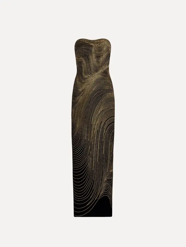 Oscar De La Renta Beaded Wave Embroidered Strapless Cocktail Dress