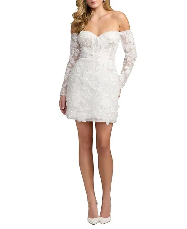 Mac Duggal Lace Off The Shoulder Long Sleeve Mini Dress