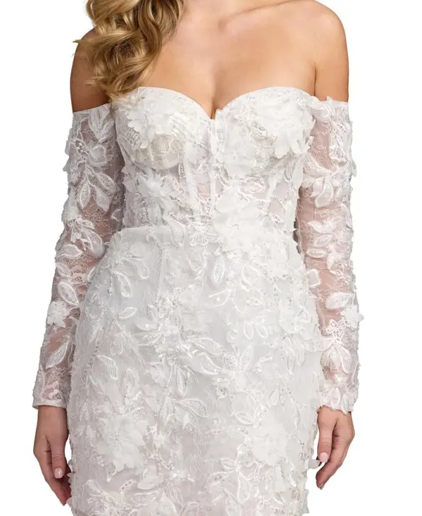 Mac Duggal Lace Off The Shoulder Long Sleeve Mini Dress