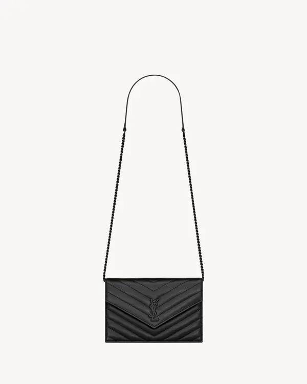 Saint Laurent Cassandre Envelope Chain Wallet In Grain De Poudre Leather - Black