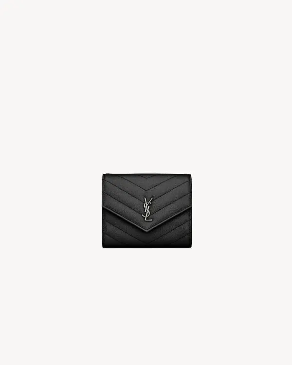 Saint Laurent Cassandre Matelassé Compact Tri Fold Wallet In Grain De Poudre Leather - Black