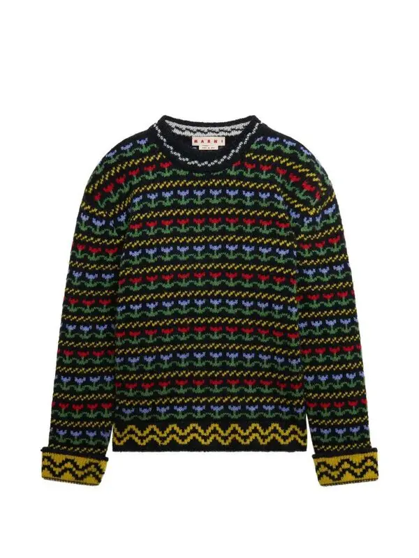 Marni Black Shetland Wool Sweater With Fair Isle Pattern