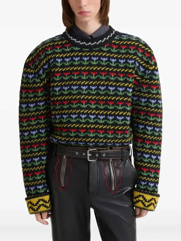Marni Black Shetland Wool Sweater With Fair Isle Pattern