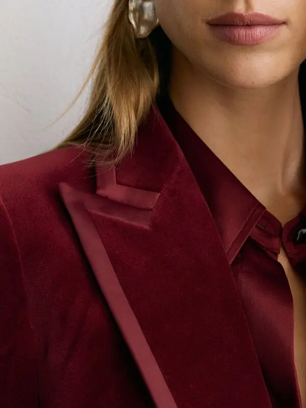 REISS Wren Petite Velvet Satin-trim Single-breasted Suit Blazer - Dark Red