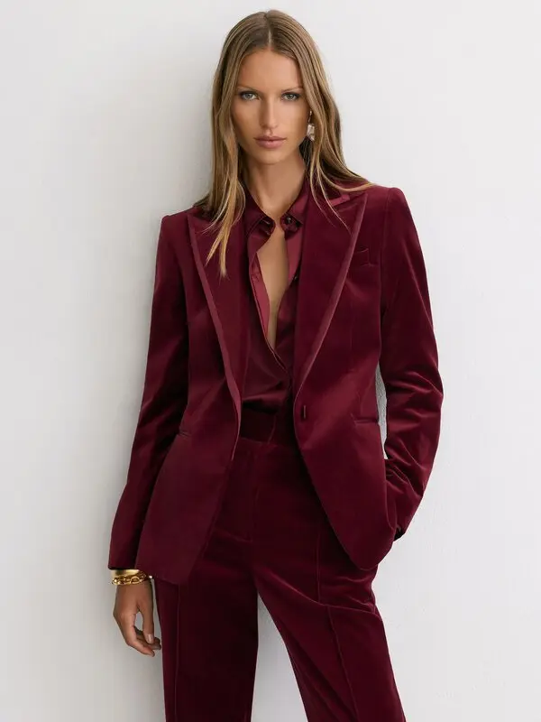 REISS Wren Petite Velvet Satin-trim Single-breasted Suit Blazer - Dark Red