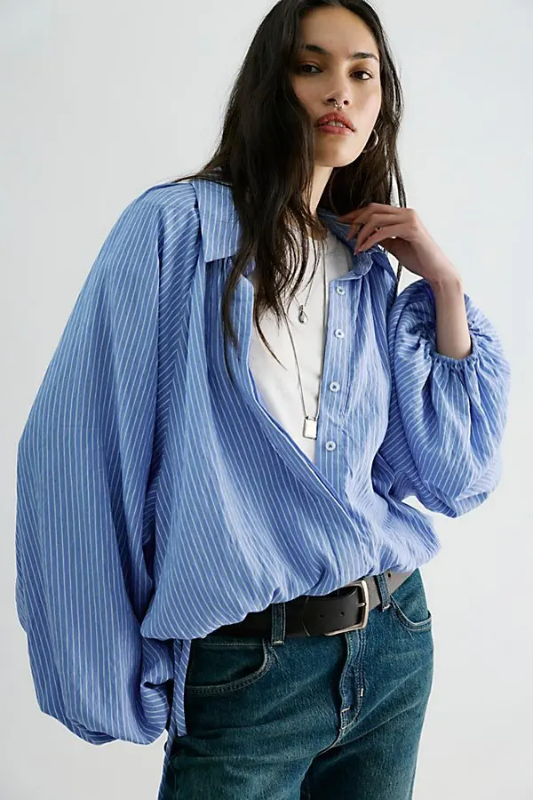 Free People We The Free In My Bubble Button Down Top - Blue Combo