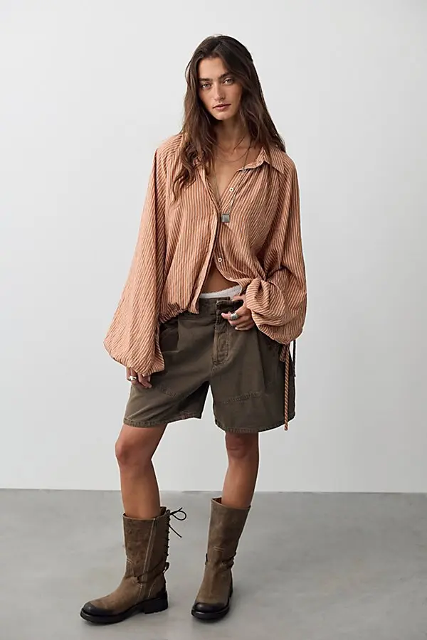 Free People We The Free In My Bubble Button Down Top - Cinnamon Combo