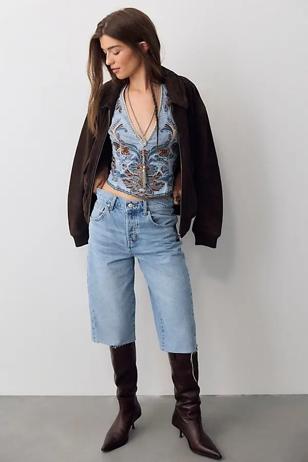 Free People Dolly Embellished Denim Halter Top