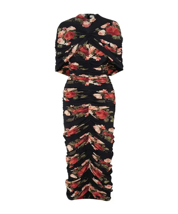 Magda Butrym Ruched Layered Floral-print Jersey Maxi Dress - Black