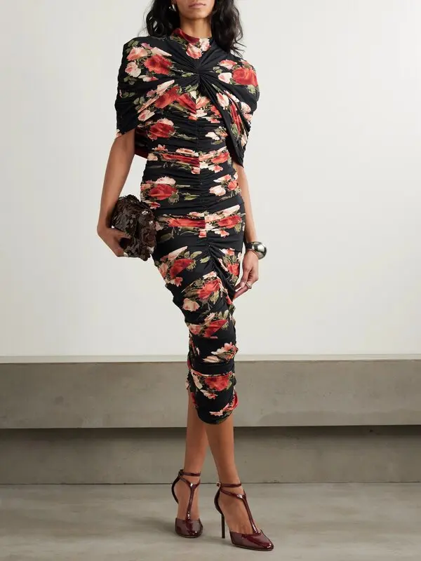 Magda Butrym Ruched Layered Floral-print Jersey Maxi Dress