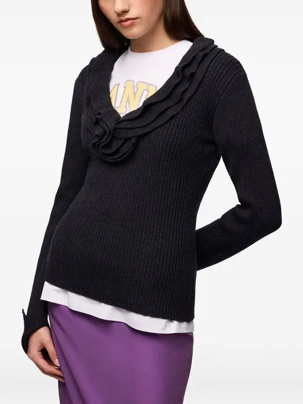 GANNI Egret Ribbed Top - Phantom Black