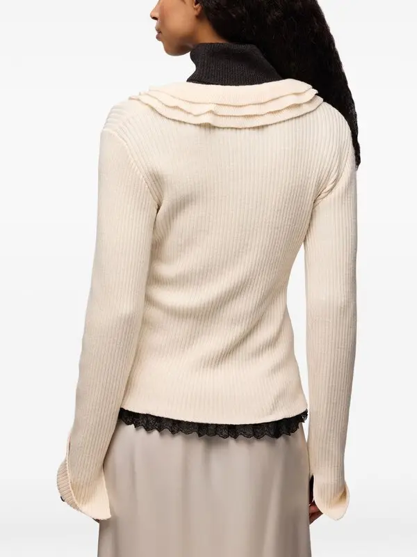 GANNI Ruffled V-neck Knitted Top - Egret