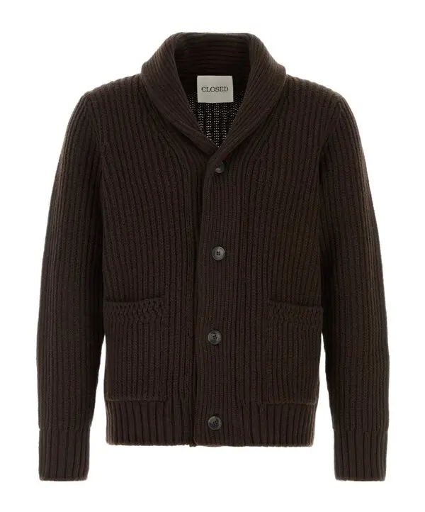 Closed Ribbed Shawl-collar Cardigan - Brown