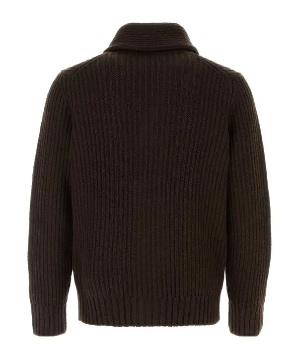 Closed Ribbed Shawl-collar Cardigan - Brown