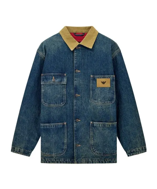 Emporio Armani Cotton Denim Jacket With Corduroy Collar And Patch Pockets - Blue