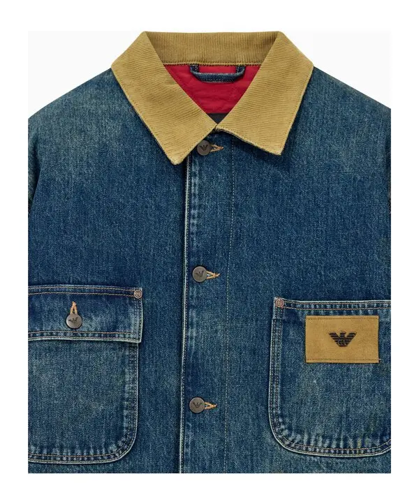 Emporio Armani Cotton Denim Jacket With Corduroy Collar And Patch Pockets - Blue