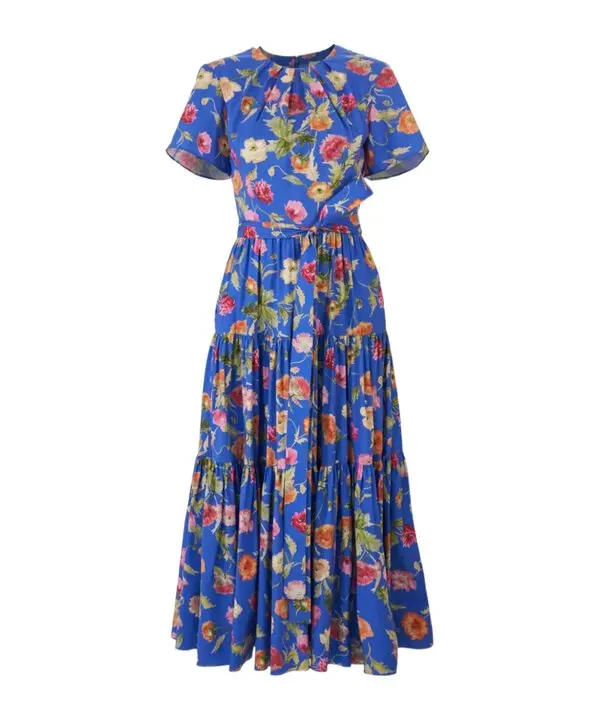 Carolina Herrera Poppy-print Tiered Midi Dress With Sash