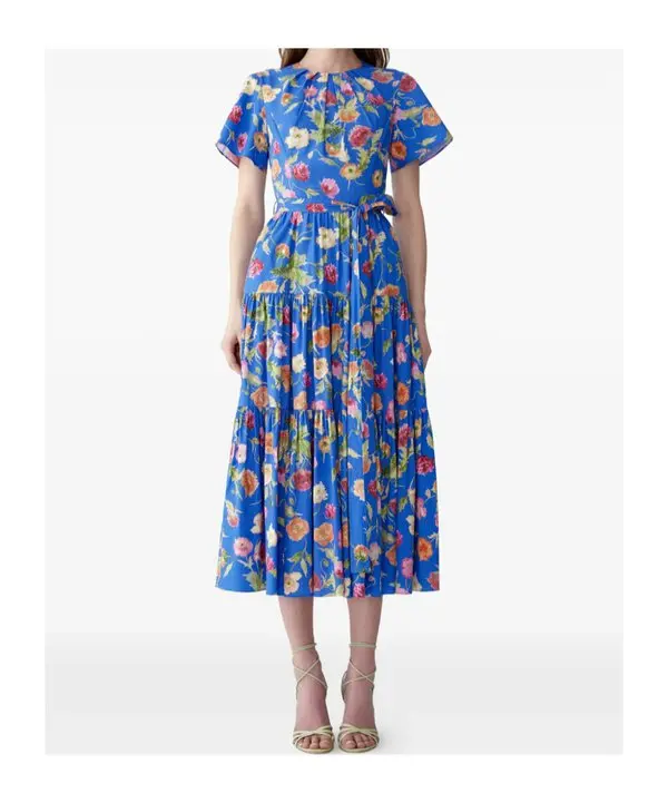 Carolina Herrera Poppy-print Tiered Midi Dress With Sash