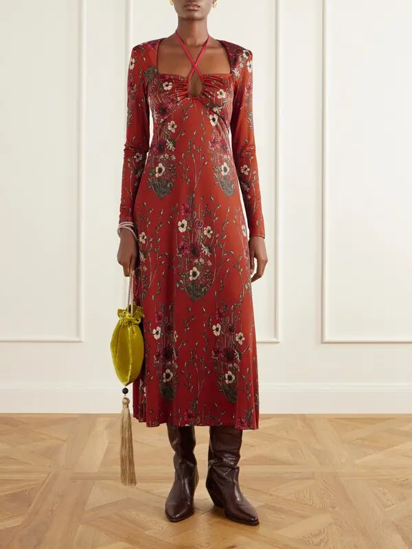 Johanna Ortiz Gathered Floral-print Stretch-jersey Midi Dress