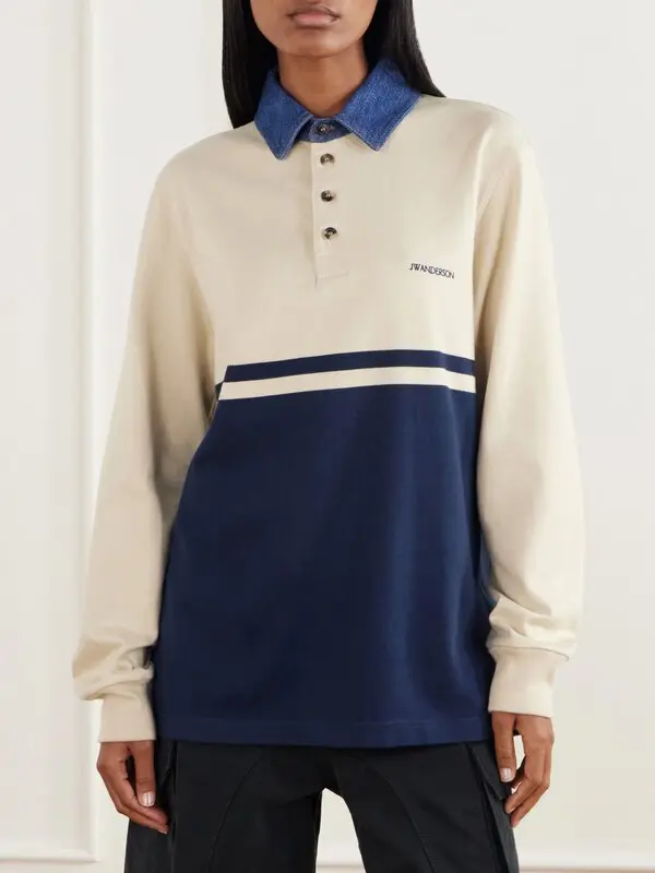 J.W.ANDERSON Embroidered Striped Cotton-jersey Polo Shirt