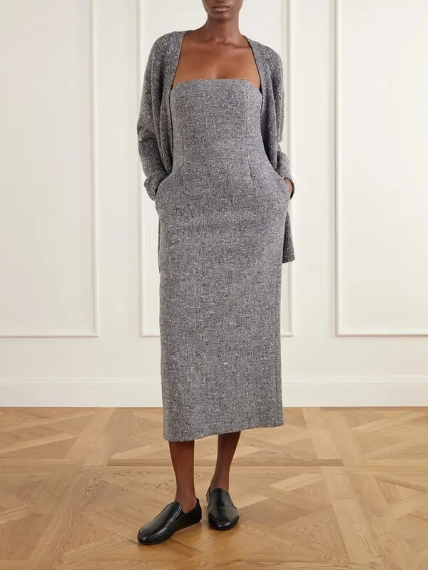 Auralee Strapless Wool-tweed Midi Dress