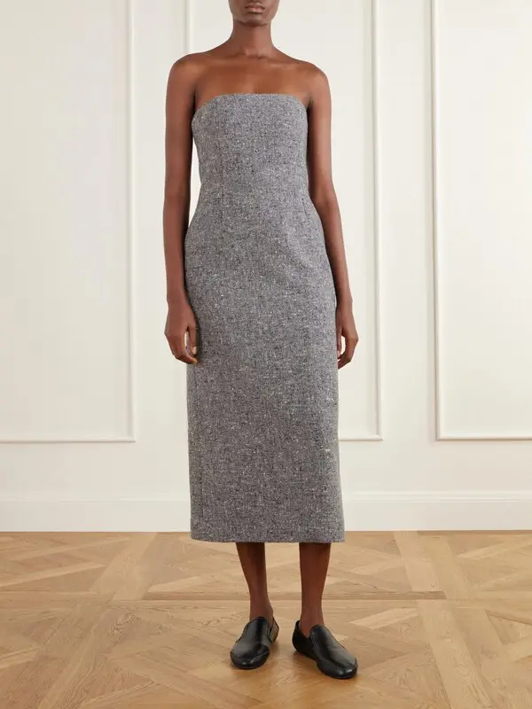Auralee Strapless Wool-tweed Midi Dress