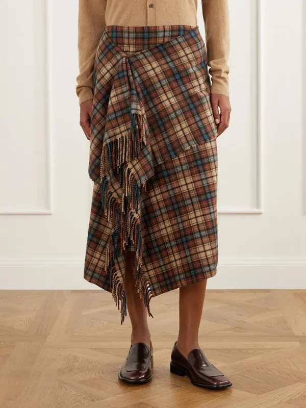 Auralee Asymmetric Fringed Checked Cashmere Wrap Midi Skirt